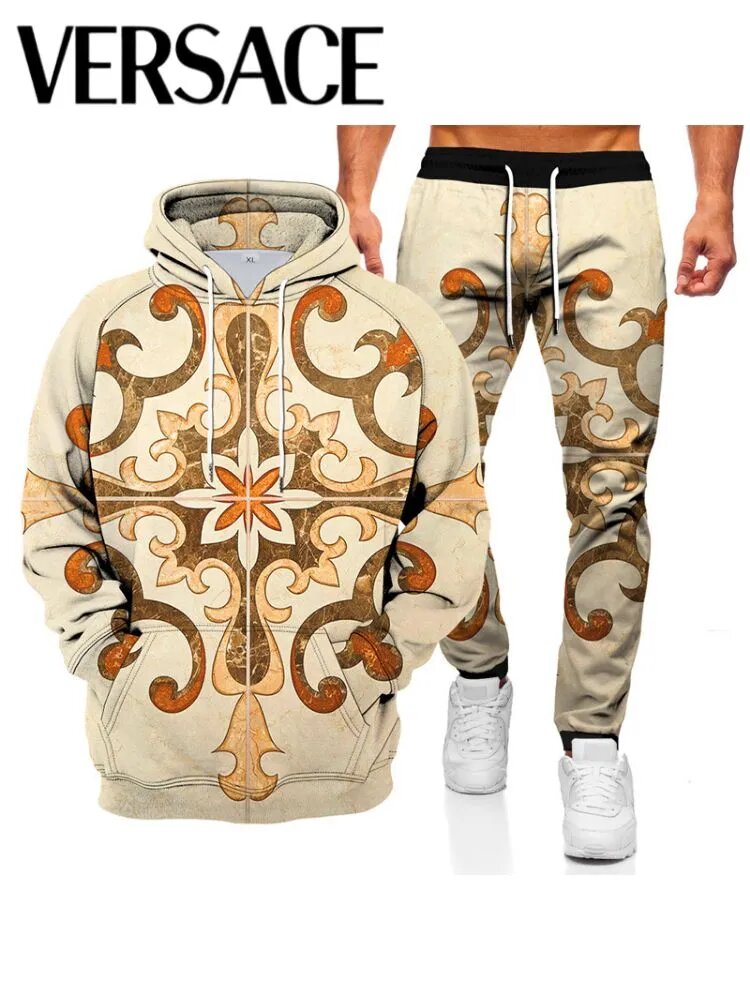 Комплект одежды Versace Мужская Осенне-Зимняя Коллекция 2025-Ретро-Принтовая Толстовка с Капюшоном и Спортивные Брюки, Уличный Стиль от Итальянского Бренда