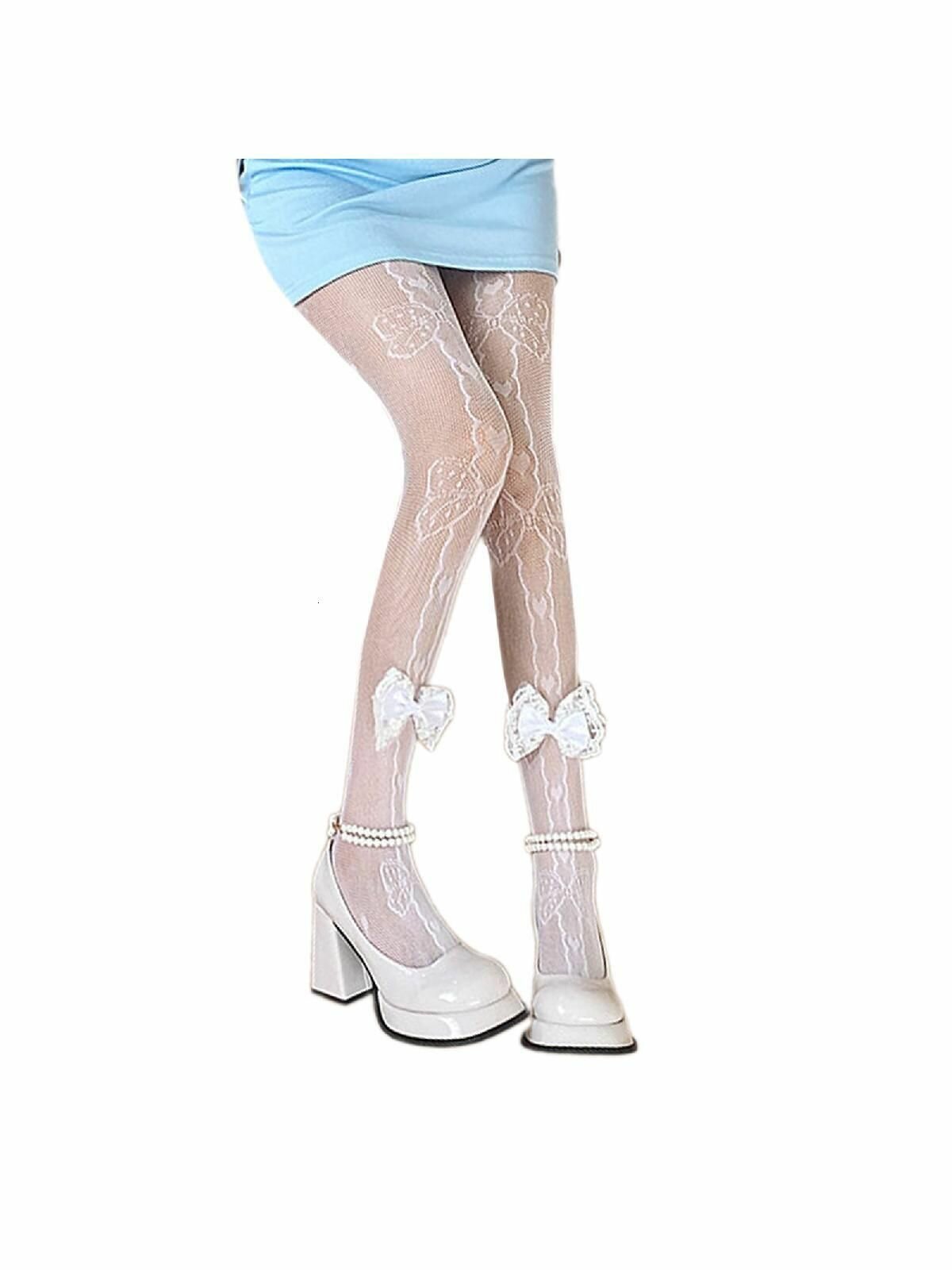 Женские колготки с бантом и ажурным узором, Белый