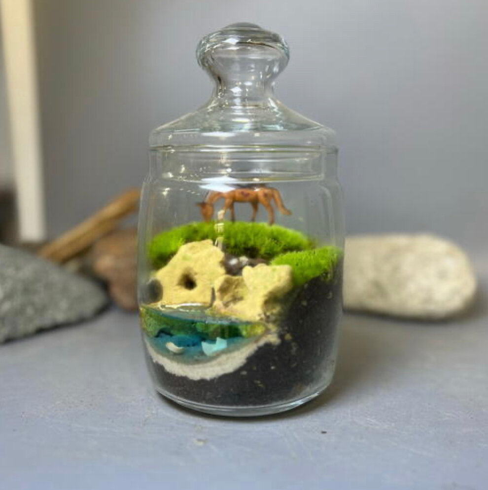 Флорариум Экосистема с живым мхом, имитацией воды и фигуркой лошадки