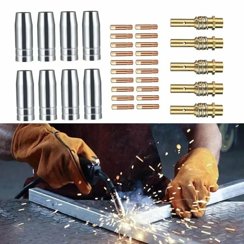 Принадлежности для сварочной горелки MIG15 в защитном газе: наружных сопла, токопроводящих сопел, соединительный стержень.