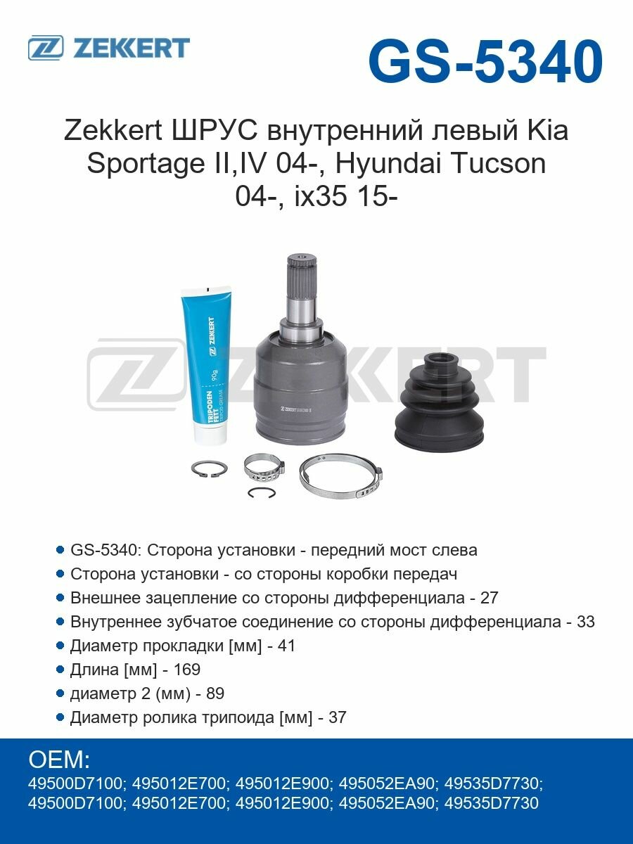 Zekkert ШРУС внутренний левый Kia Sportage II, IV 04-, Hyundai Tucson 04-, ix35 15-