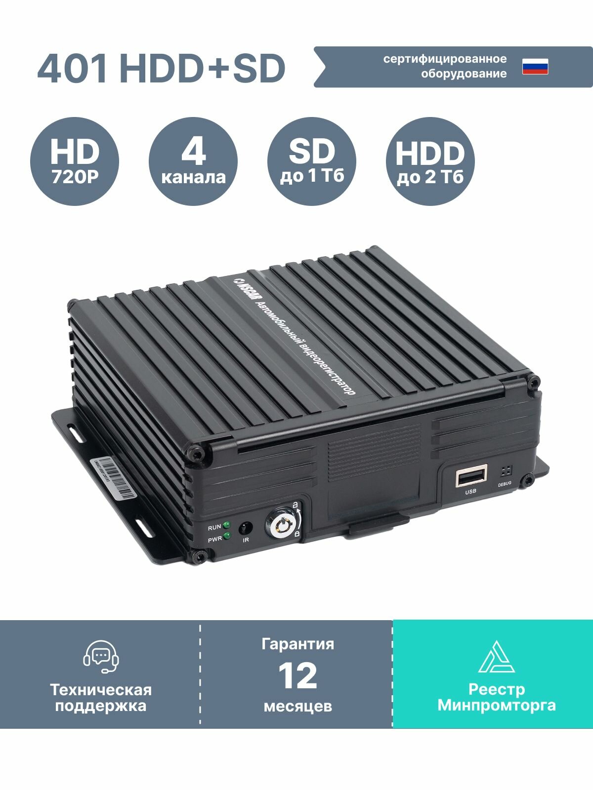 Автомобильный видеорегистратор на 4 камеры NSCAR 401 HDD+SD