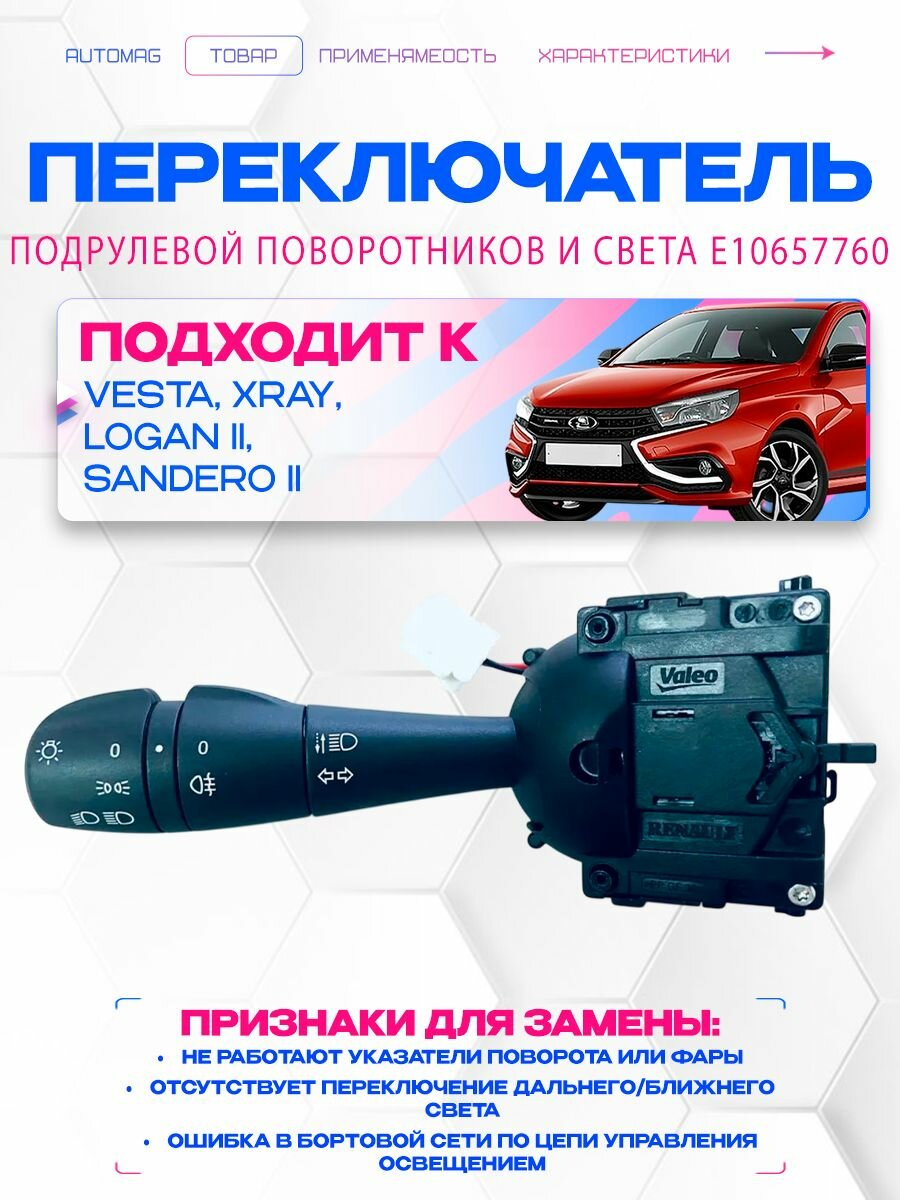 Подрулевой переключатель поворотов и света, Vesta, XRAY, Logan II, Sandero II, оригинал, E10657760