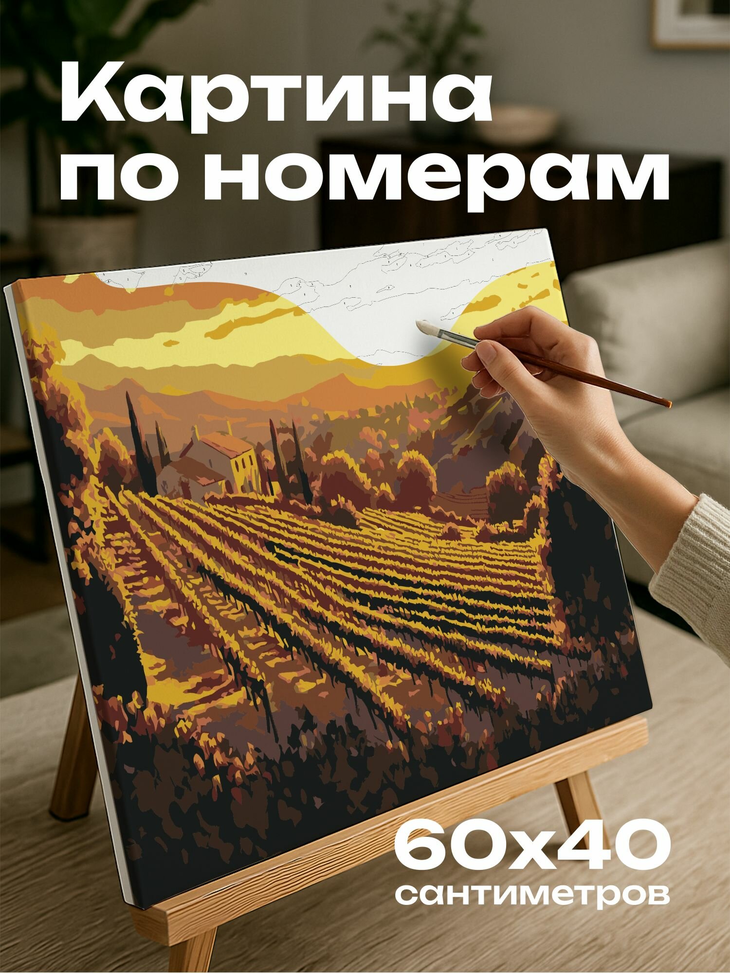 Картина по номерам 60x40 см, Виноградник, закат, лозы, свет, дом, холмы, прованс, красота, масло, картина, романтика