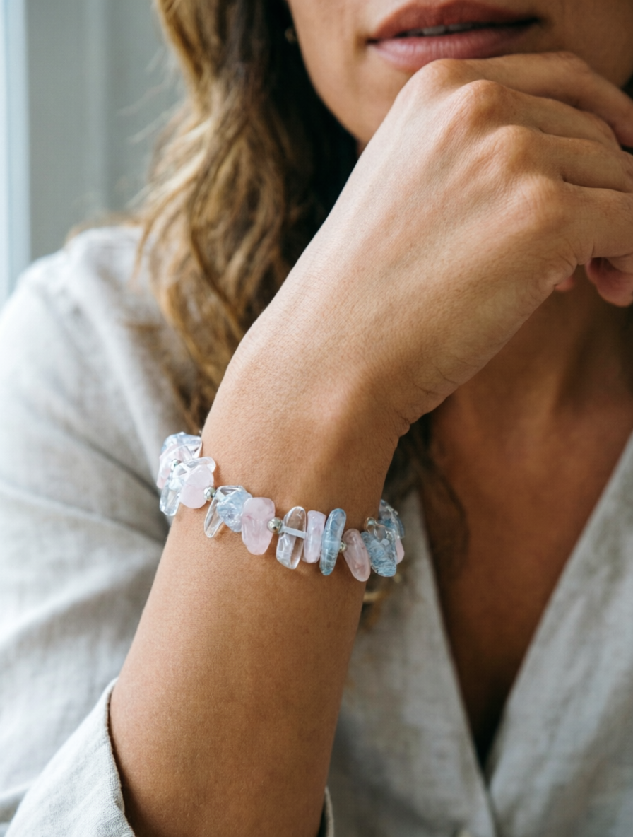 Браслет, аквамарин, кварц, горный хрусталь
