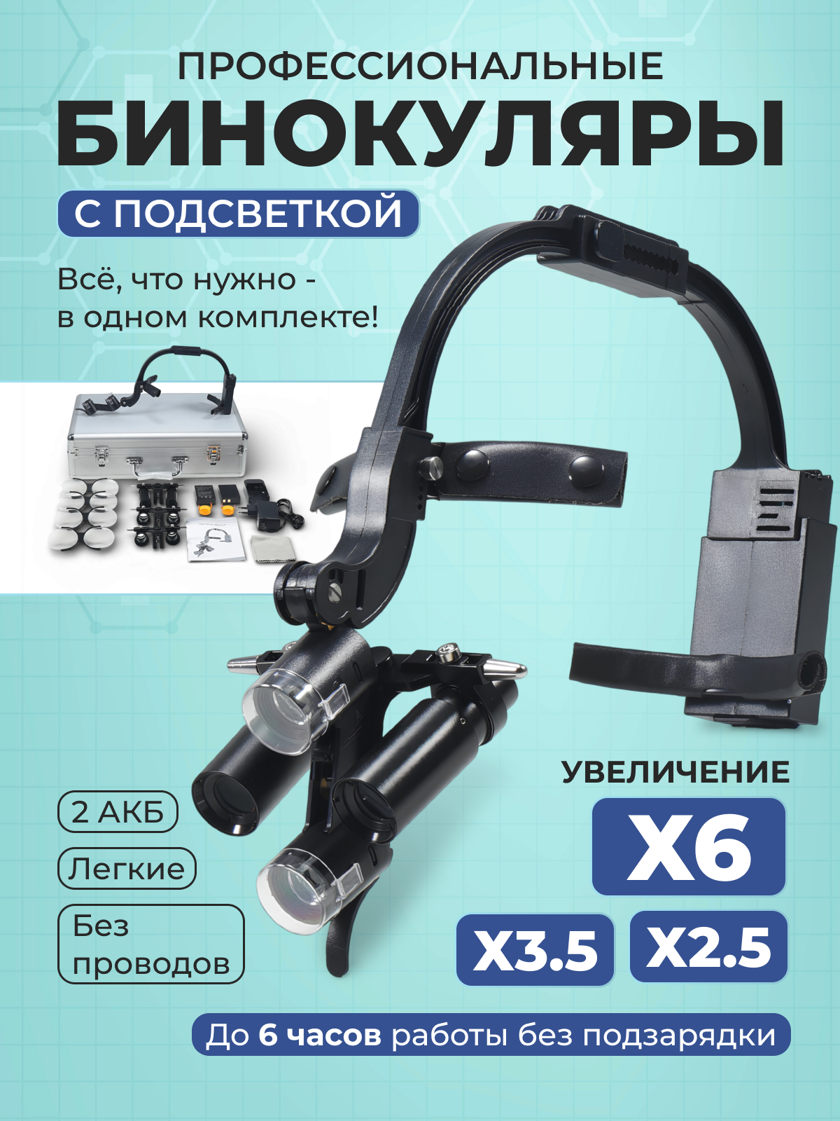 Налобный осветитель с бинокулярами 6х, 3.5х и 2.5х + линзы