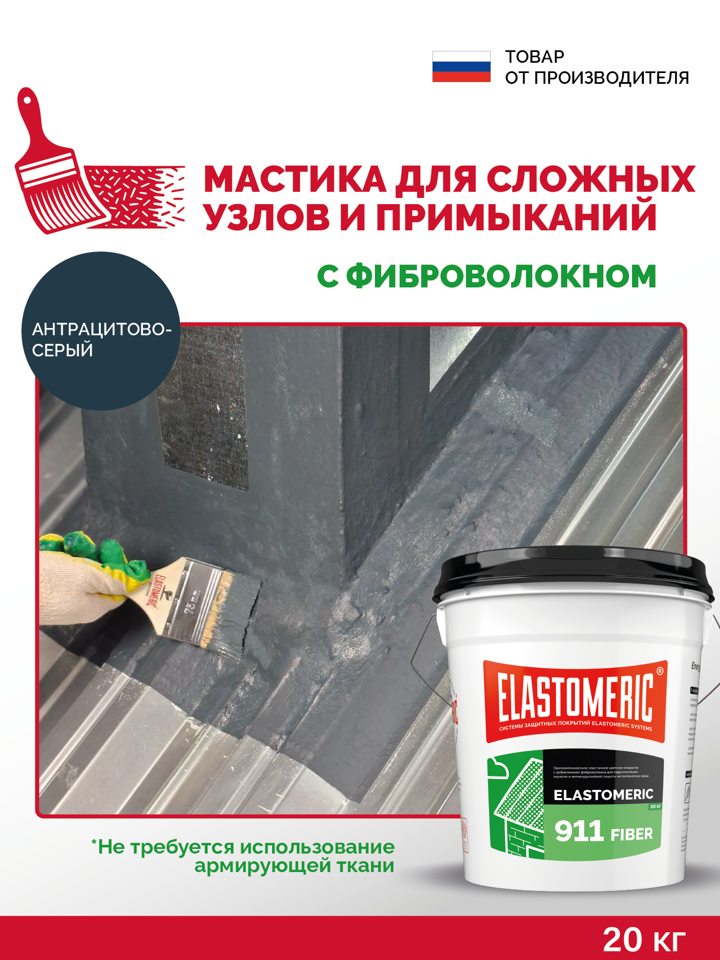 Гидроизоляция примыканий с фиброй, мастика для кровли и швов, замена ленты примыкания, антрацитово серый, 20 кг