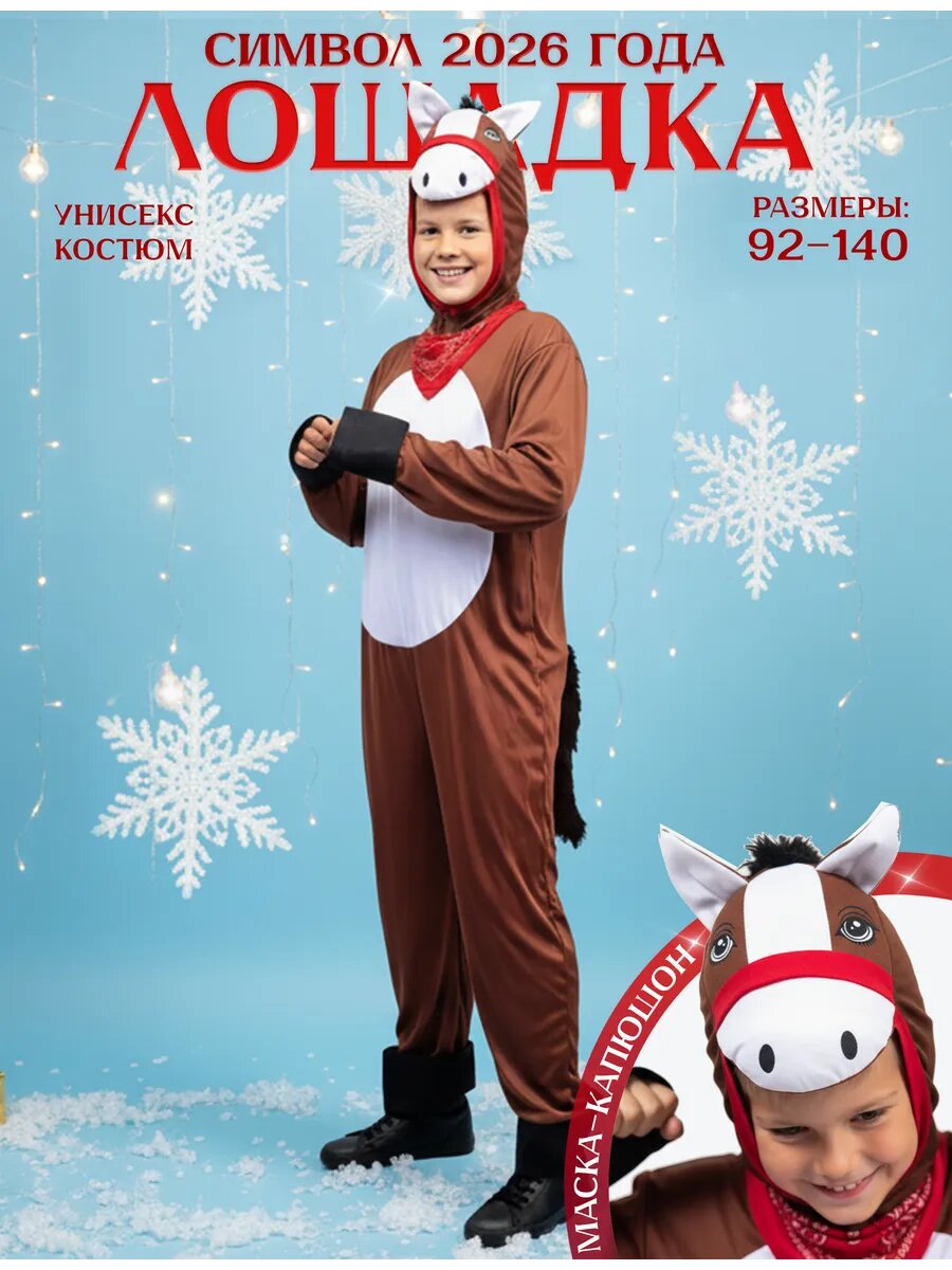 Костюм лошади на новый год символ 2026 детский, коричневый, S (110-120 см)