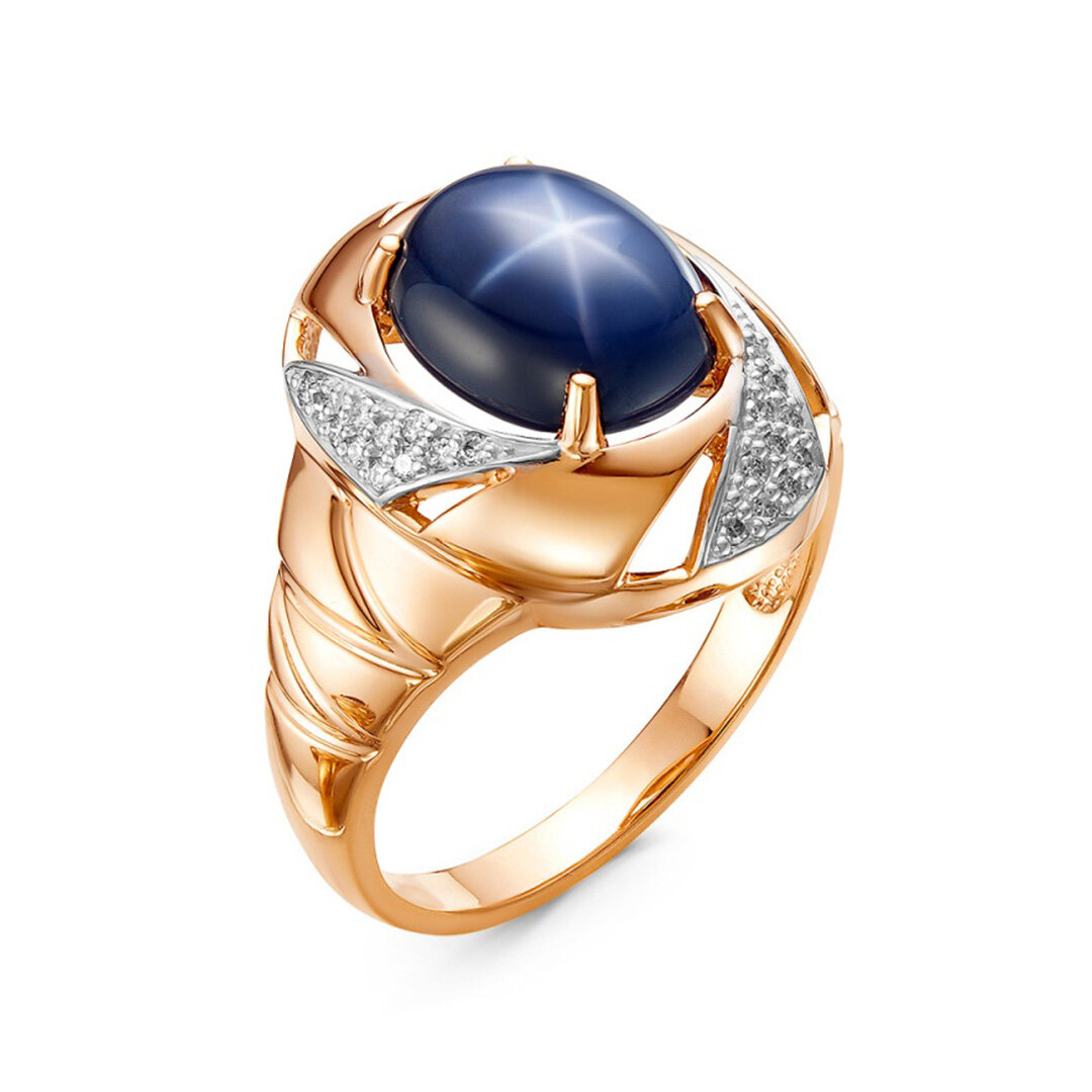 Кольцо, красное золото, 585 проба, сапфир синтетический, бриллиант