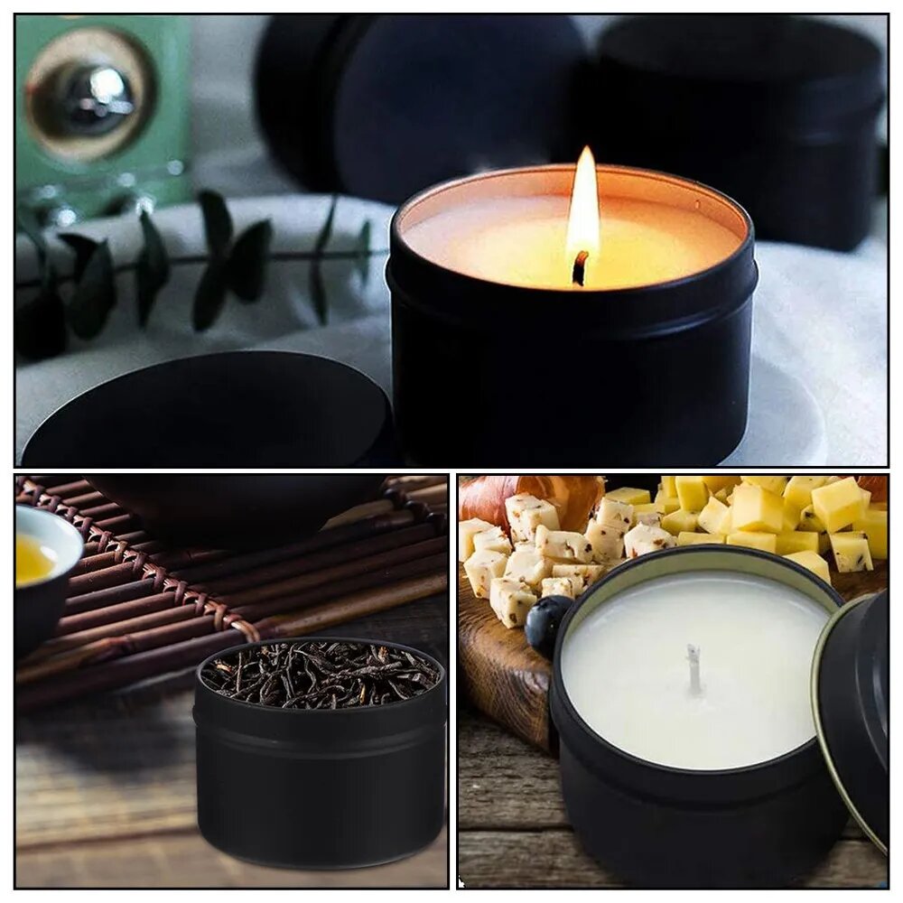 Набор из 6 железных банок для хранения и изготовления свечей с крышками черного цвета