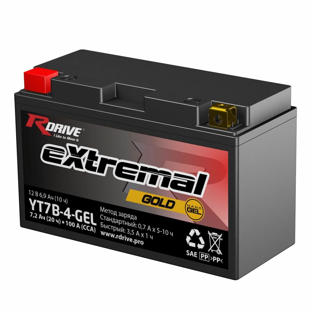 Аккумулятор RDRIVE GOLD YT7B-4-GEL (12В 7.2Ач 100А 150х64х93мм) прям. пол.