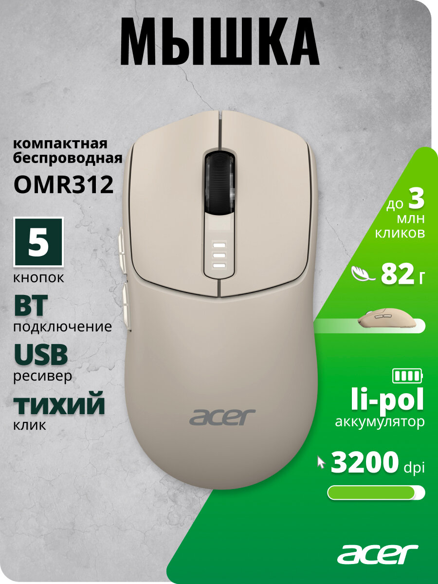 Мышь Acer OMR312, оптическая, беспроводная, USB, бежевый [zl. mcecc.037]