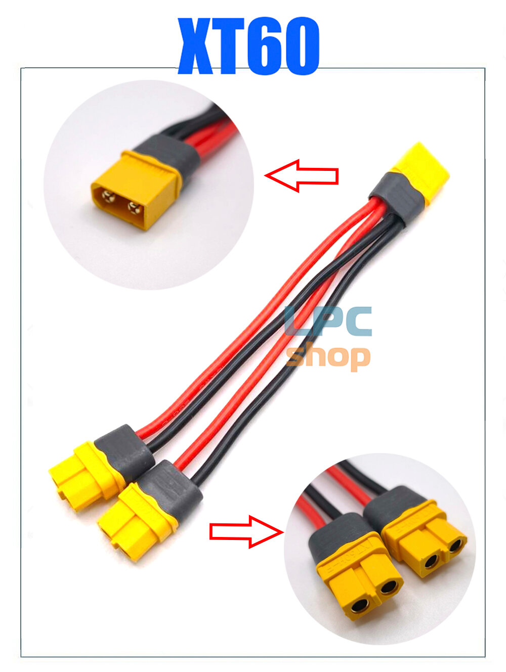 Переходник XT60 папа на 2 XT60 мама 16AWG 10см (XT60-M to 2-XT60-F) для параллельного подключения - с холдерами