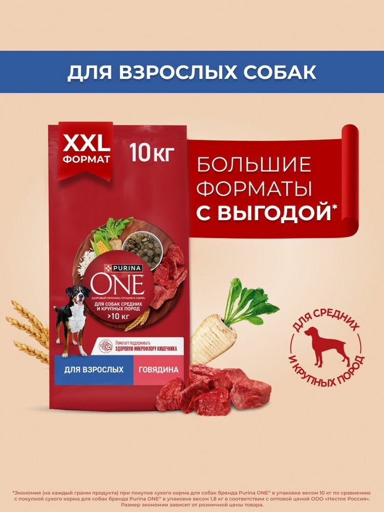 Сухой корм для собак Purina ONE для средних и крупных пород, с говядиной и рисом, 10 кг