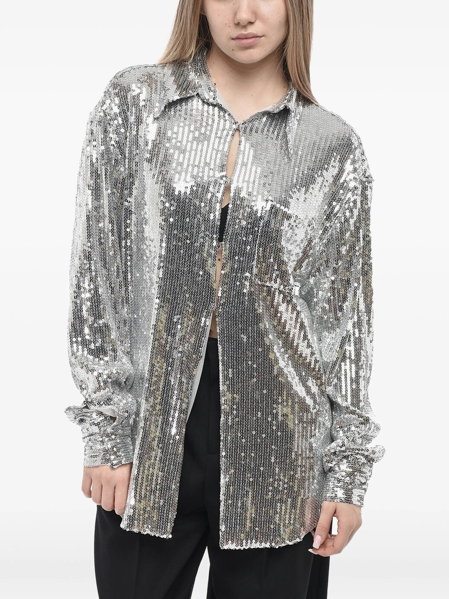 Рубашка GIUSEPPE DI MORABITO Sequin-embellished shirt, размер 40-42, серебристый/красный — фото 1