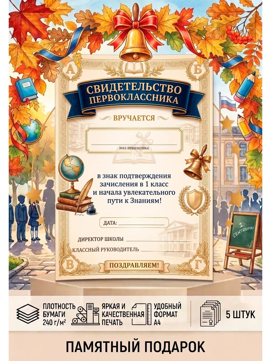 Свидетельство первоклассника на 1 сентября 5шт.