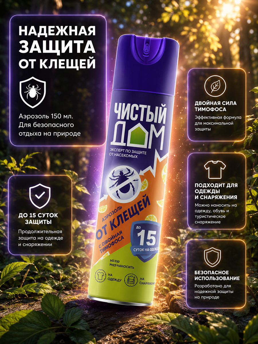 Дихлофос от клещей, комаров с ароматом лимона, Чистый дом, 150 мл