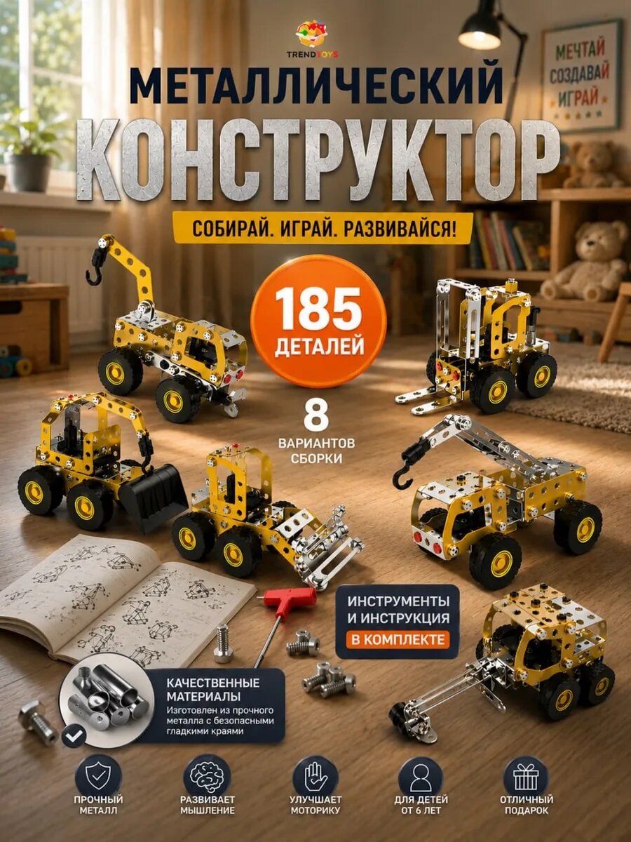 Конструктор металлический TrendToys конструктор спецтехники для мальчиков, 185 деталей