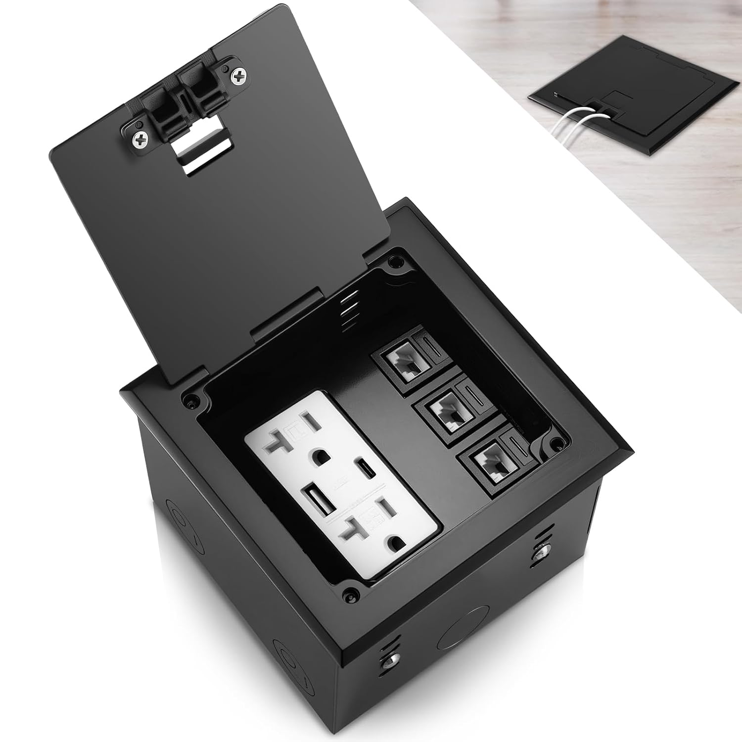 Hoolerry 1 комплект встраиваемой скрытой розетки для пола с 2 розетками на 15А, 1 -A и 1 USB-C портами по 4.8А, а также 3-портовым разъемом RJ45 офиса и дома (черный).