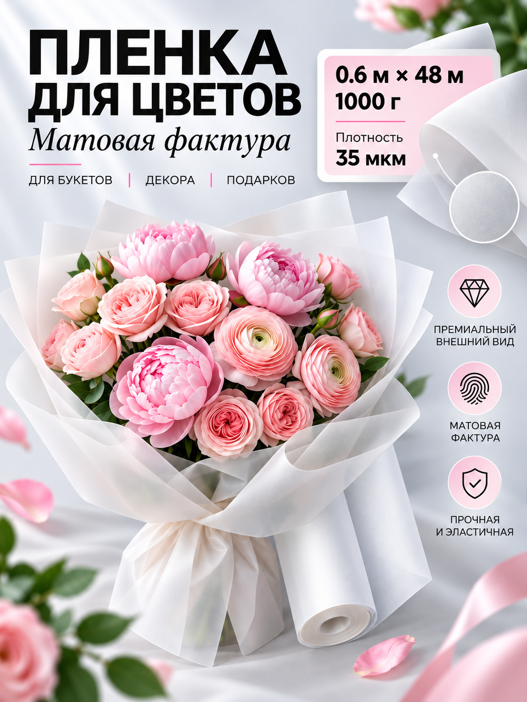 Пленка упаковочная матовая для цветов и подарков, белая, рулон 0.6 х 48 м, 1000 г, для флористики и декора