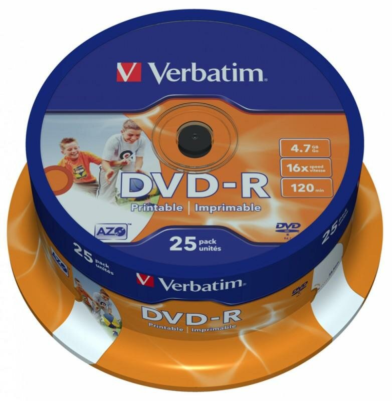 Диск DVD-R VERBATIM 4.7Gb 16x Cake Box (25шт) Printable (43538)
