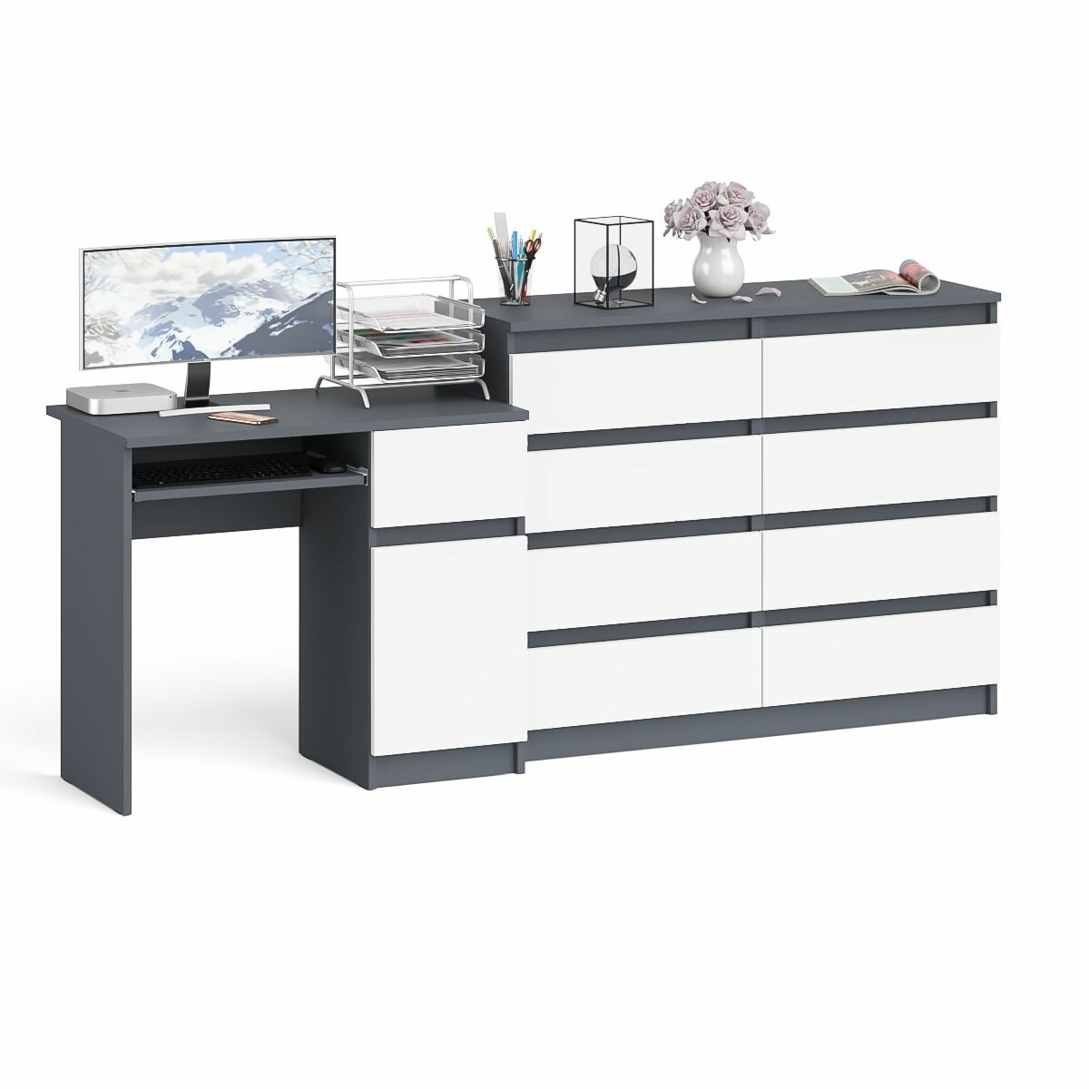 Комод 8-мь ящиков СВК Мори МК1200 и правый компьютерный стол цвет графит/белый, 210,4х50х94 см.
