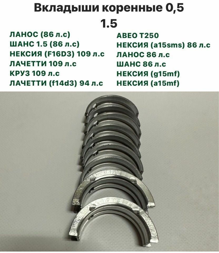 Вкладыши коренные 0,5 Chevrolet Lanos, Lacetti (F14D3), Cruze, Aveo Т250, Zaz Chance 1.5, Daewoo Nexia