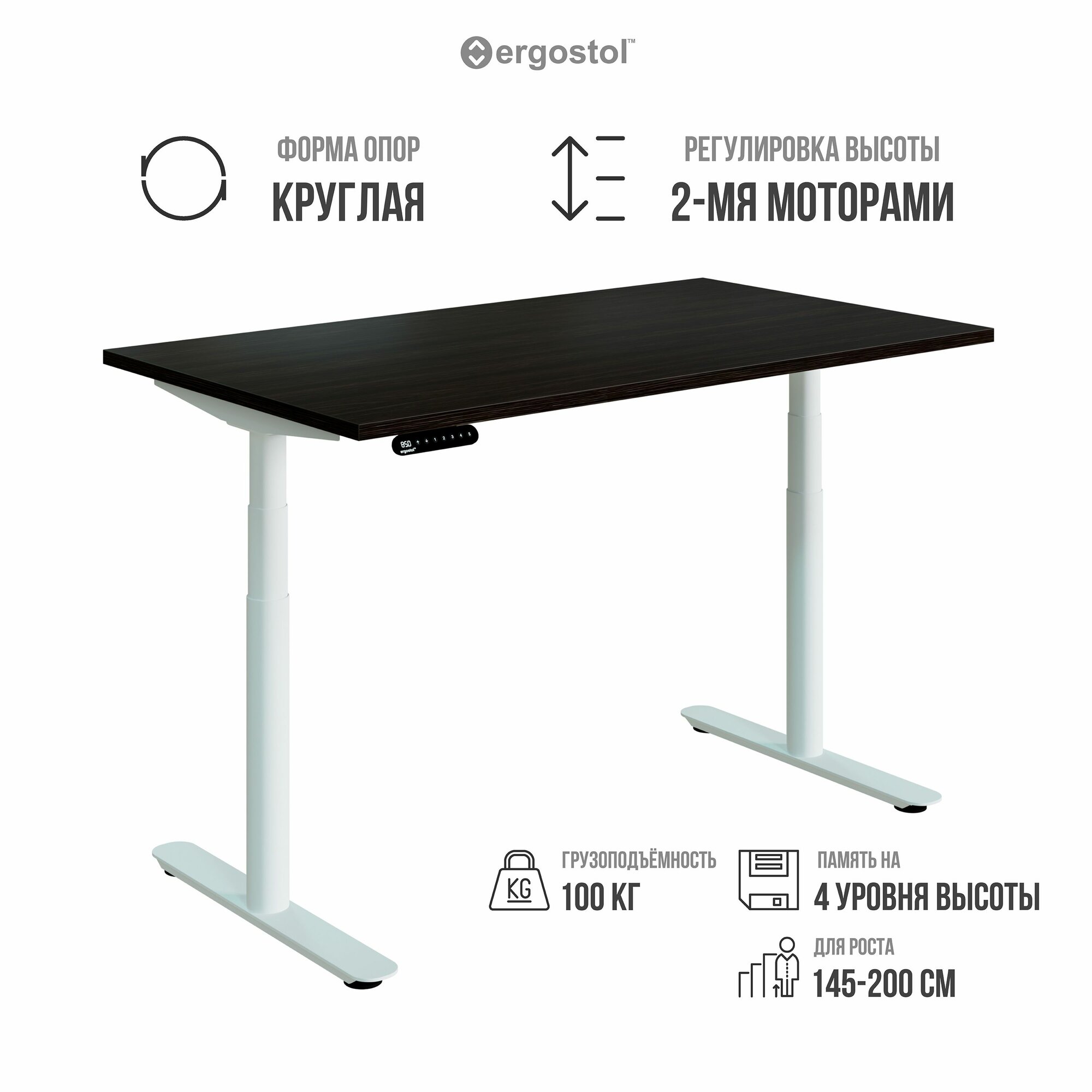 Стол регулируемый по высоте c круглыми ножками Ergostol Terra R 2.0 138х68 см, компьютерный стол с подъемным механизмом, Дуб термо черно-коричневый/белый