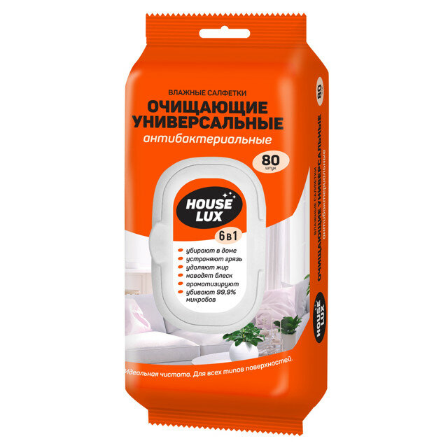 HOUSE LUX Салфетки влажные Универсальные 6в1 антибактериальные 80 шт для рук