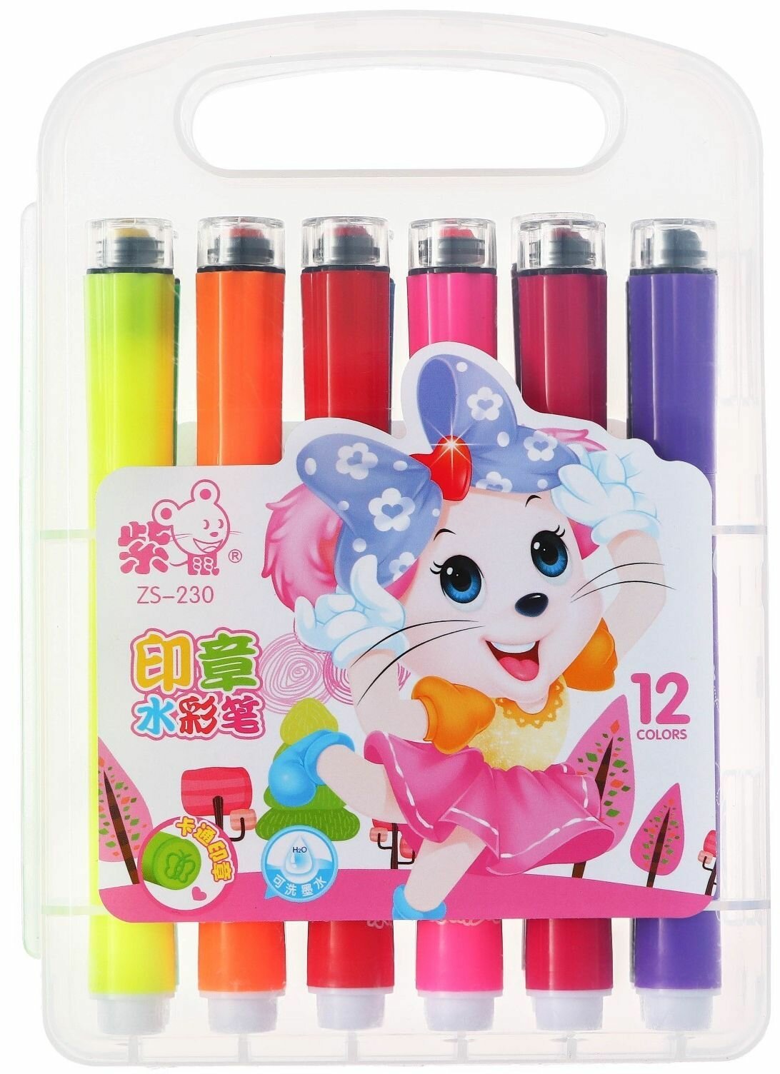 Фломастеры 12 цветов для детей на водной основе, с печатью, набор маркеров со штампами для рисования и детского творчества в пластиковом футляре, кистевидный наконечник