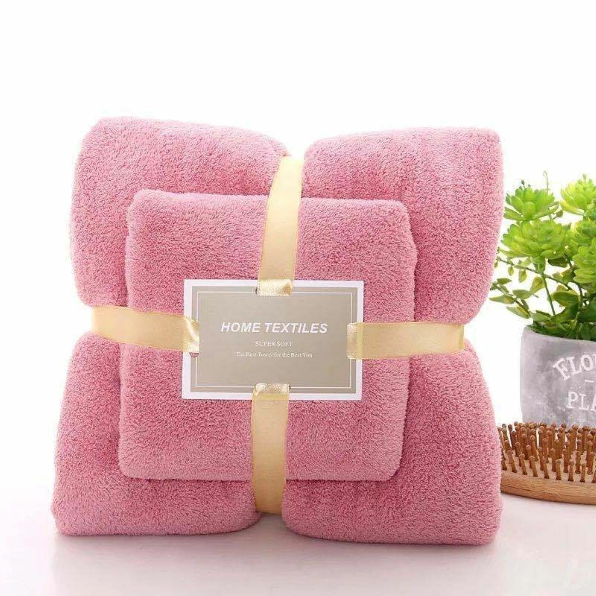 Набор банных полотенец из кораллового флиса, 35х70 см + 70х140 см, две штуки, розово-красные