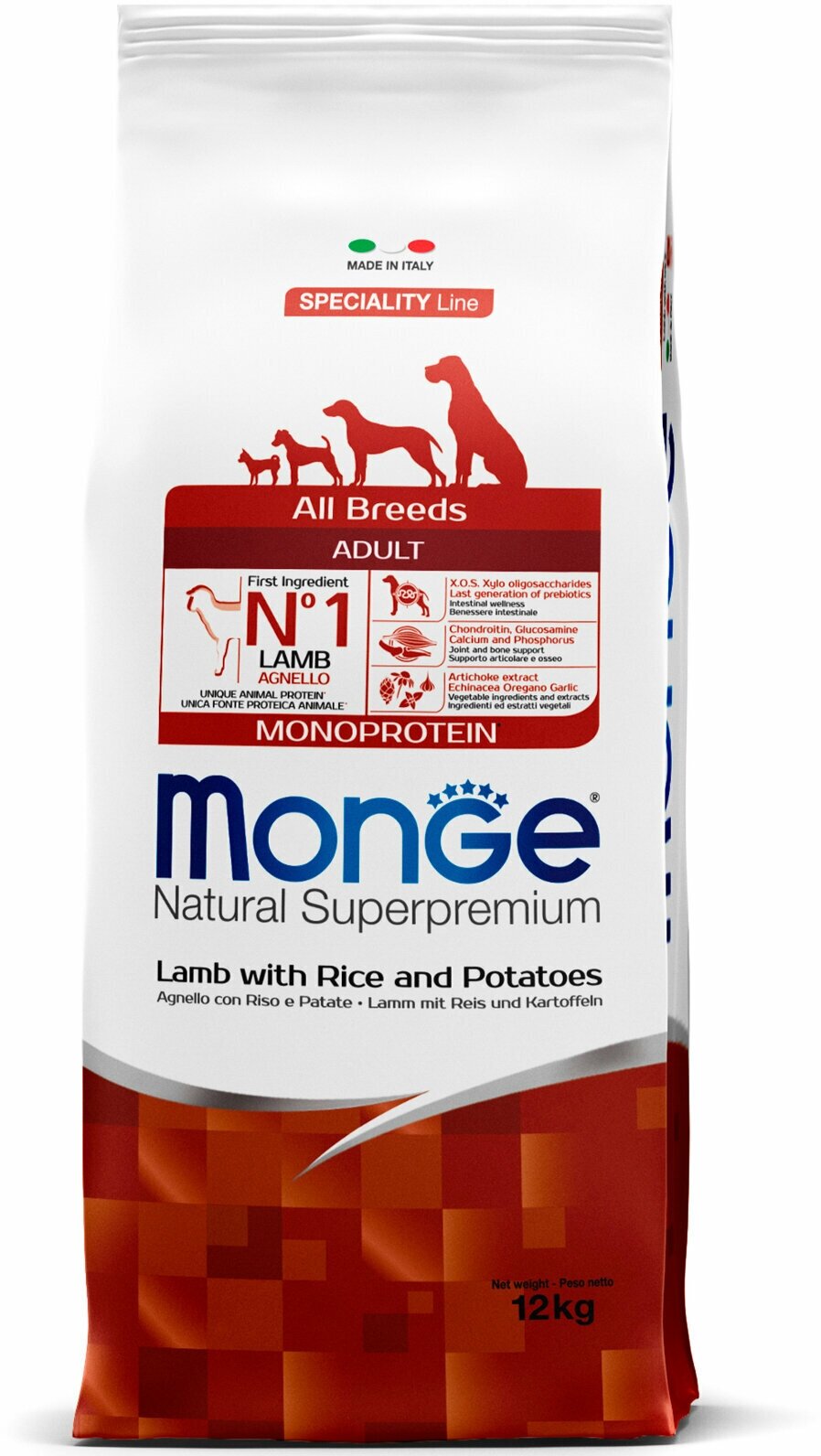 Сухой корм для собак всех пород Monge Dog Monoprotein (Монж) ягненок с рисом и картофелем, 12 кг