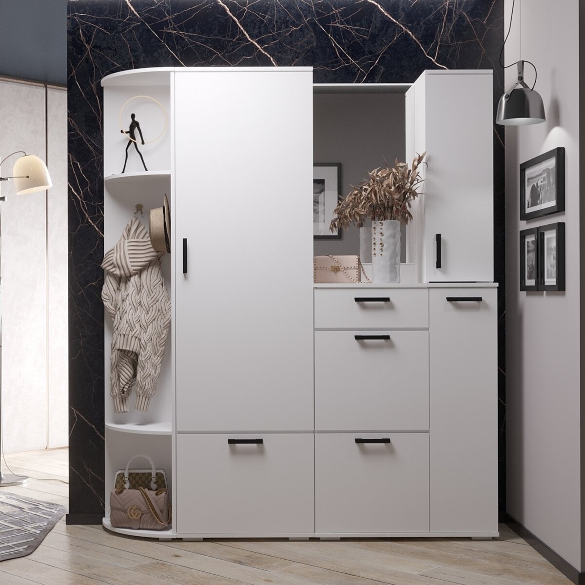 Комплект прихожей, прихожая с зекалом 12 Ника 1,76 м Белый гладкий