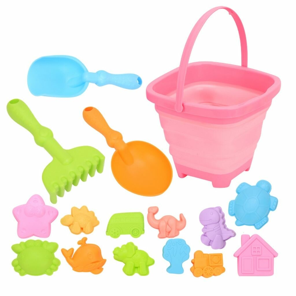 Игрушки для песочницы, Детское мягкое складное ведро для пляжа - розовый 16 предметов, 1 набор