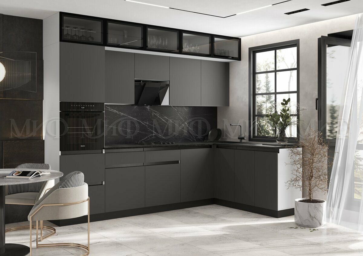 Кухня угловая Техно-6 3,0х1,8м высота 2,58м МДФ (Графит, Графит (Кастилло темный))