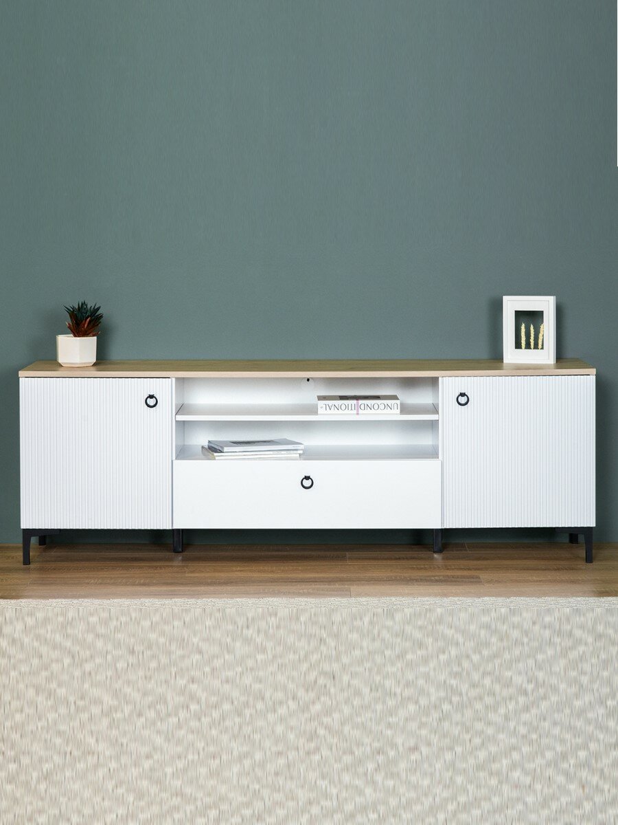 Тумба двухдверная с ящиком Askona (Аскона) Zima (Зима) 184х63х41 Гикори кингстон+Белый