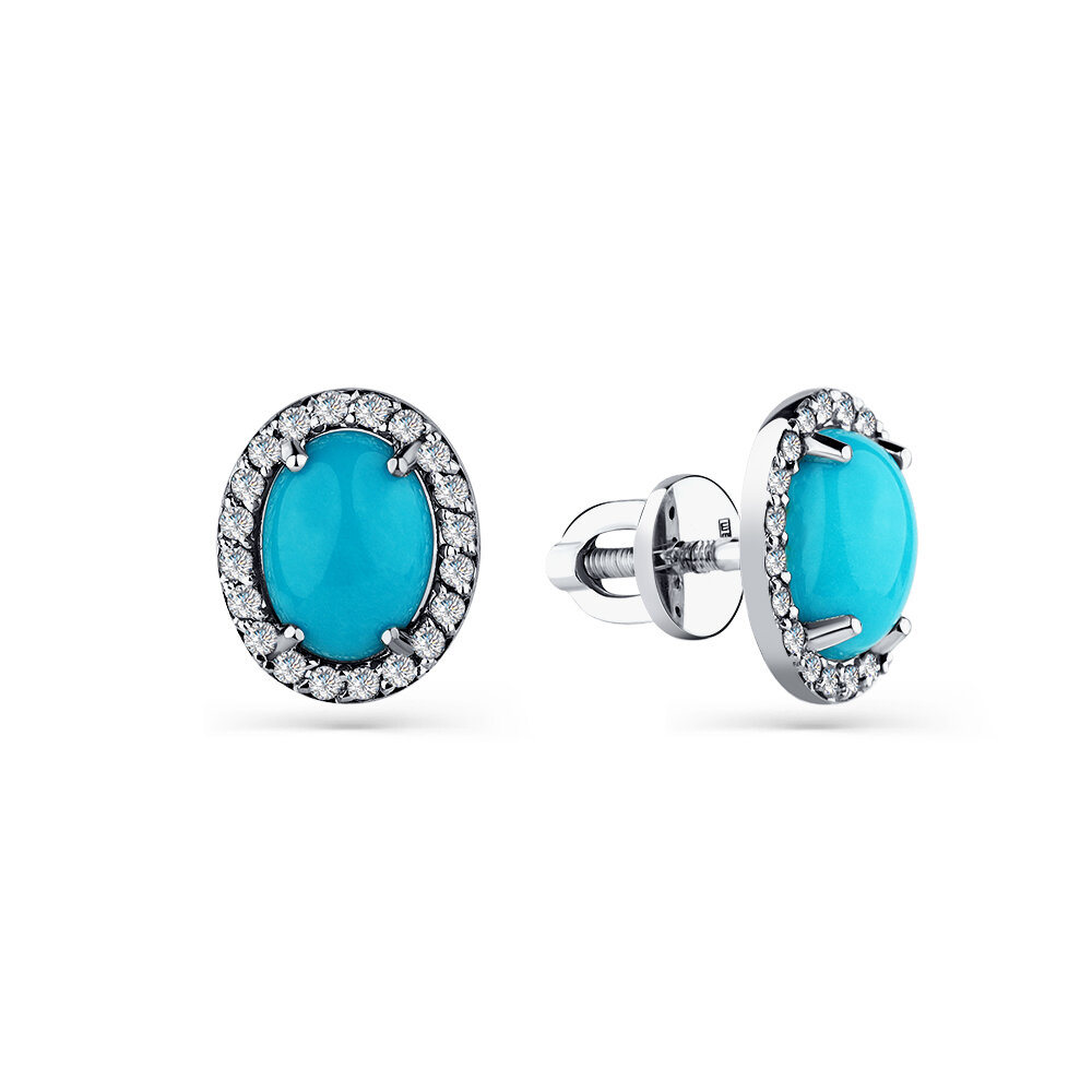 Серьги, белое золото, 585 проба, бирюза, бриллиант