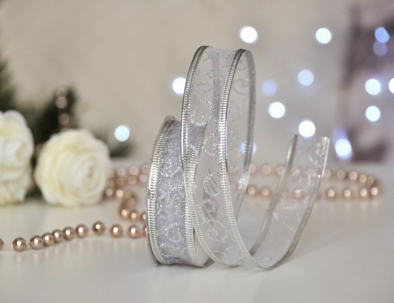 Лента для декорирования бантовая узорчатая, серебряная, 2.5х270 см, -Новогодняя сказка 973588-3