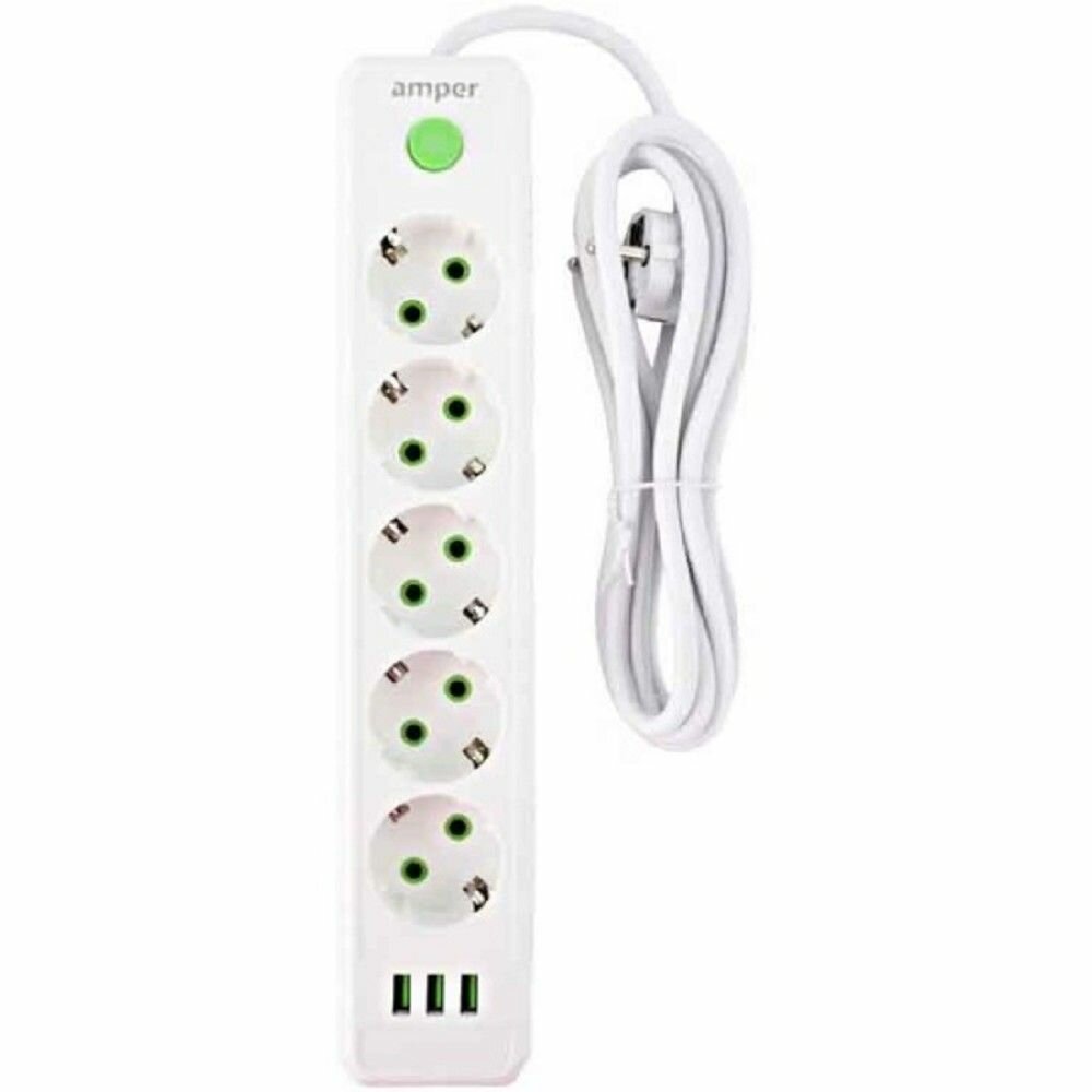 Сетевой удлинитель, 4,0м, 5 розеток, 10А, 2500 Вт, 3usb, белый. JH - 1033U - 4W
