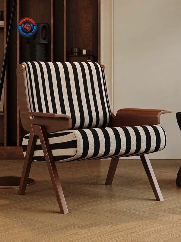 Полосатое ретро-кресло для отдыха, дизайн середины века, белый дуб, 80х75х78 см, элегантное кресло-качалка для чтения и релаксации, нейтральные полосы, мягкое сиденье, подходит для гостиной и спальни