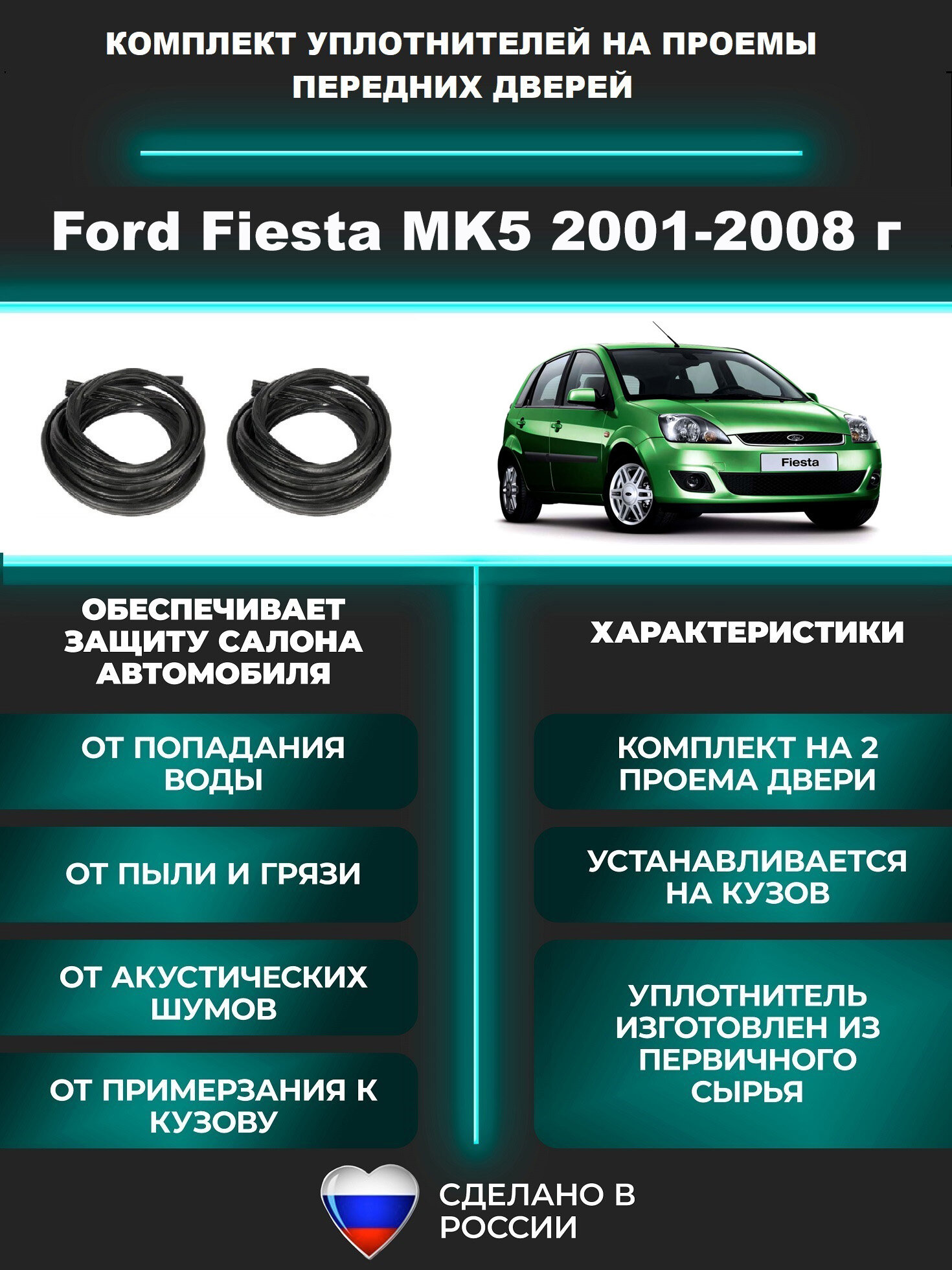 Комплект уплотнителей проемов передних дверей, подходит на Ford Fiesta MK5 2001-2008 г, Форд Фиеста МК5 - 2 шт