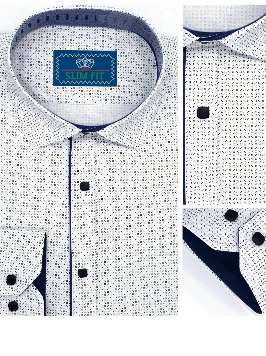 Рубашка приталенная с длинным рукавом мужская рубашка, светлая сорочка на кнопках, рубаха на любой сезон, белая в мелкий рисунок, без карманов, с отделкой рубашка Slim fit с приталенным кроем зауженная