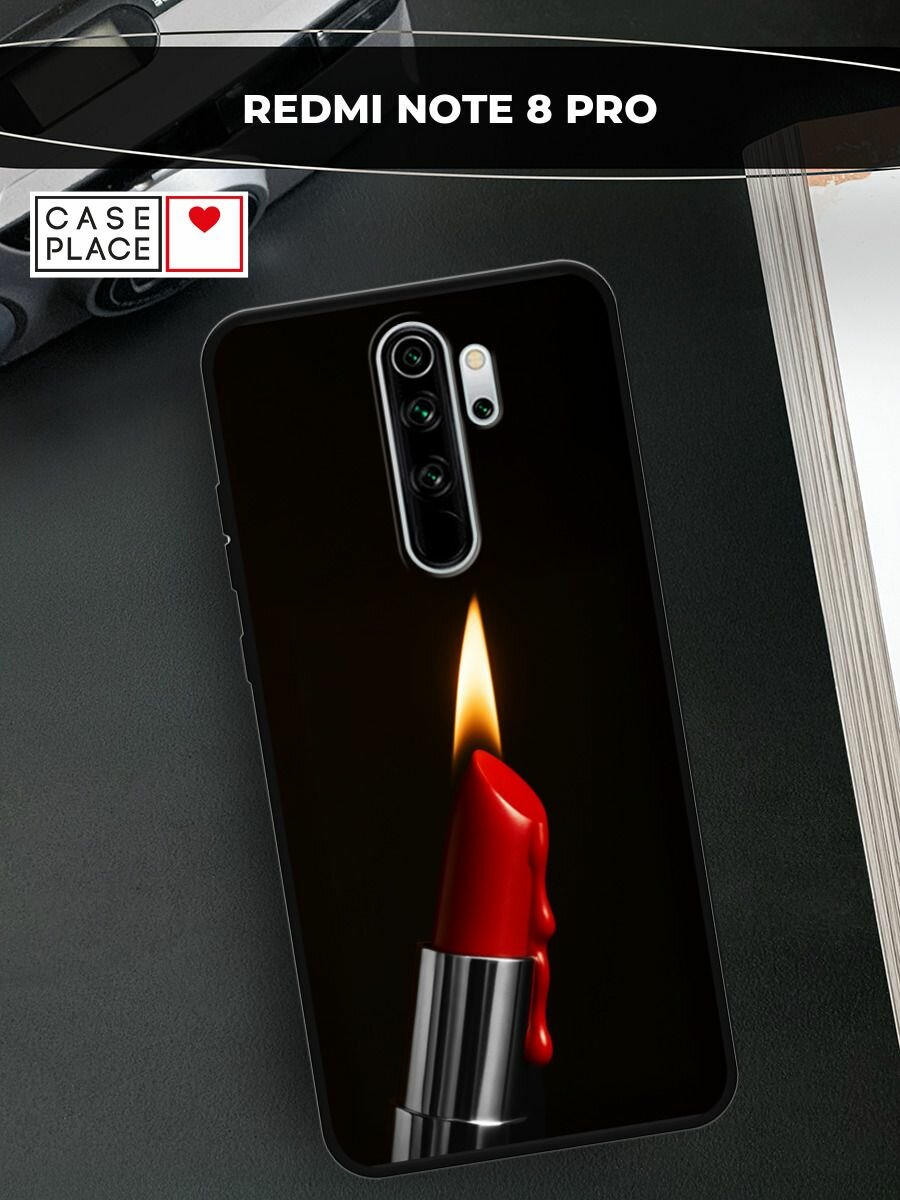 Черный матовый чехол на Xiaomi Redmi Note 8 Pro / Сяоми Редми Нот 8 Про с принтом Красная помада с огнем