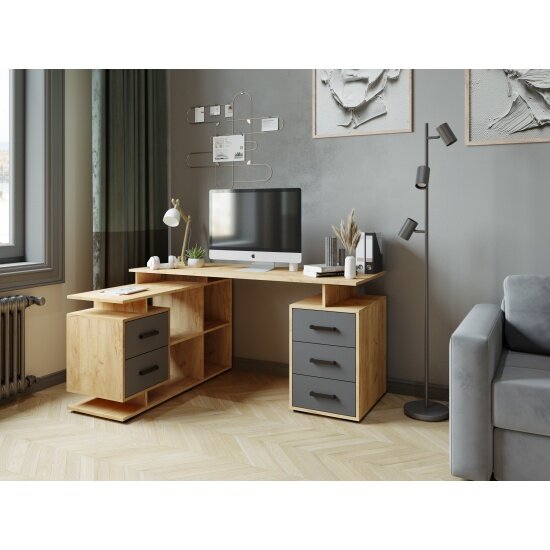 Стол компьютерный угловой Микон СКМУ-3 дуб крафт золотой/графит серый