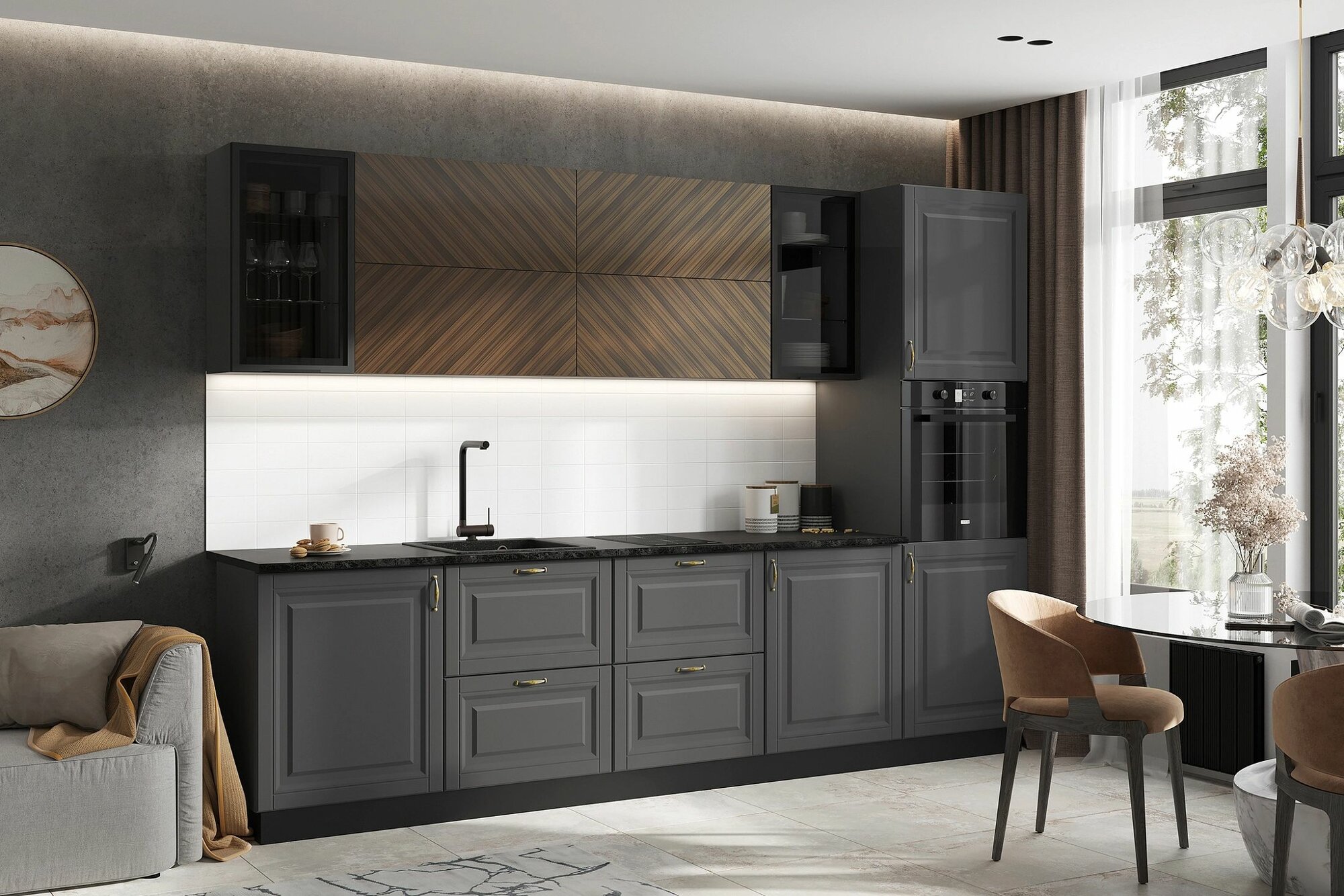 Кухня Престиж 3,0м (490) Компоновка №1 (Графит софт NEW/Прайм орех, Графит (Кастилло темный))