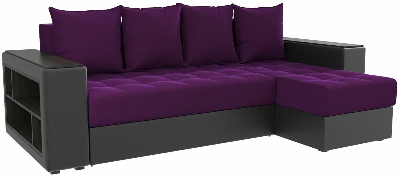 Угловой Диван Дубай М, Вельвет Фиолетовый/Экокожа Черный, Угол справа, Ящик для белья, 258х160х80 см