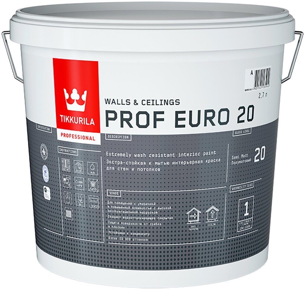 Краска для влажных помещений Prof Euro 20 TIKKURILA 9 л белая (база A)