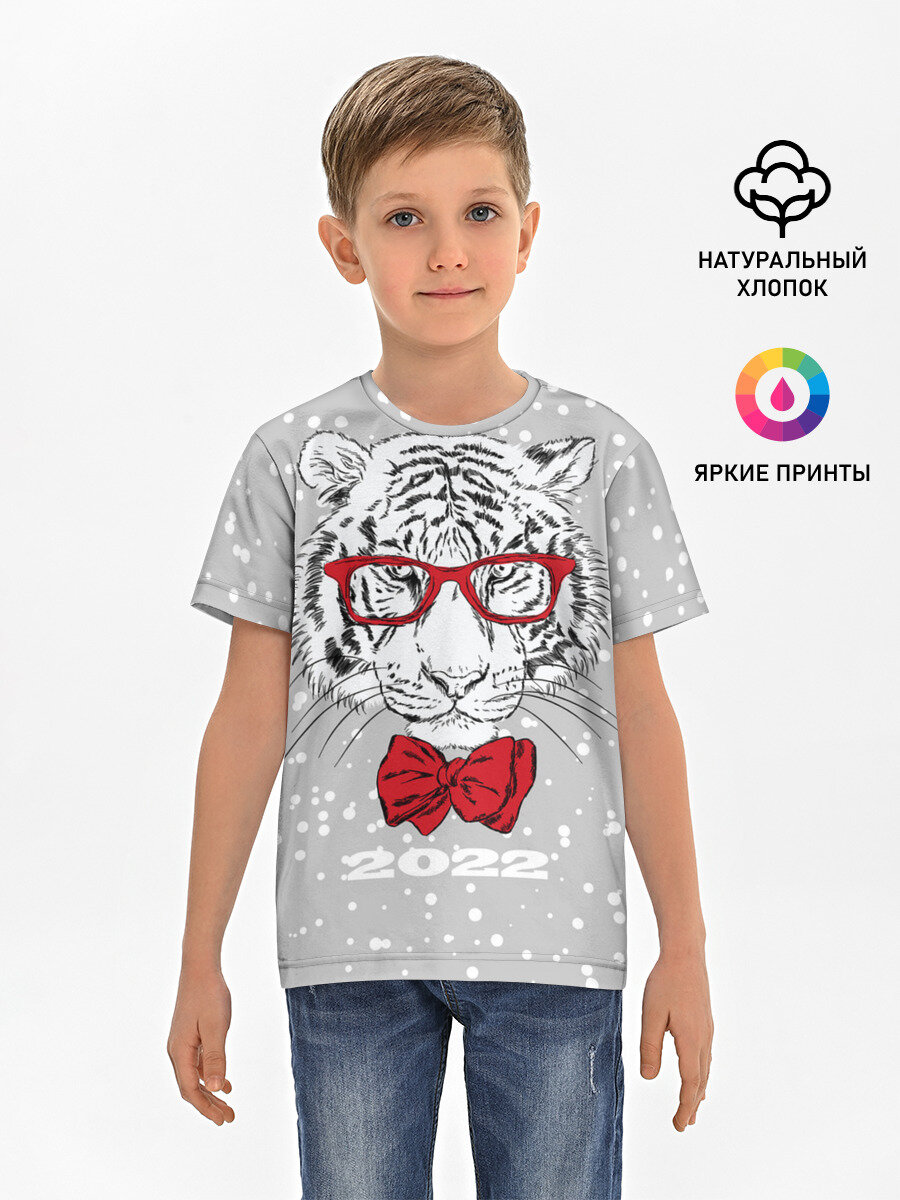 Футболка хлопковая детская Белый тигр с красным бантом