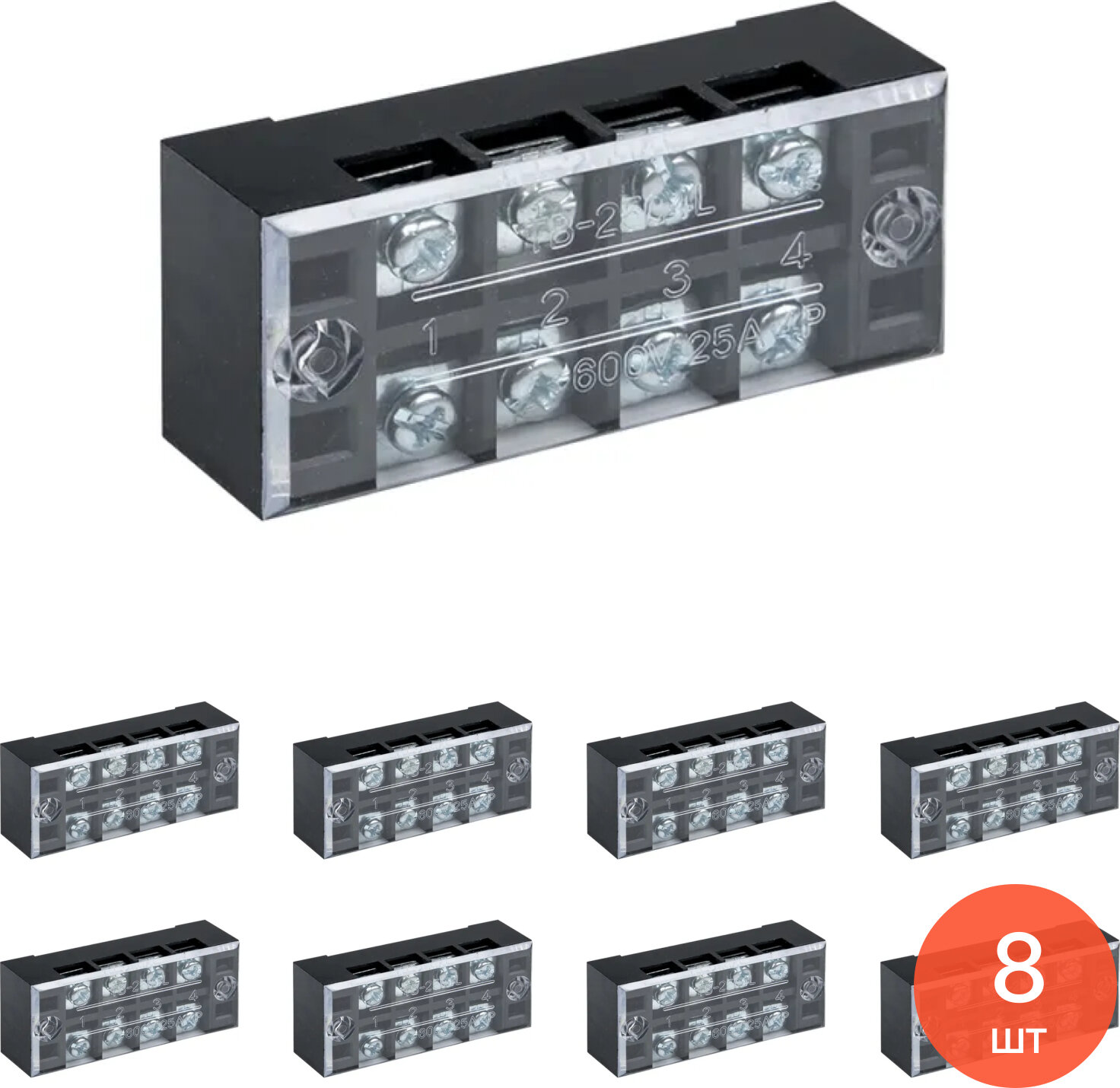 Блок зажимов EKF / ЕКФ PROxima TB-2504, в корпусе из пластика, черный, 2.5мм2, 25А, 4 пары контактов / электрика (комплект из 8 шт)