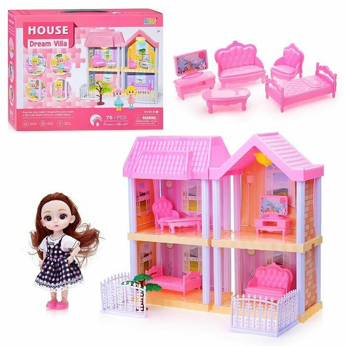 Кукольный домик из картона Oubaoloon "Dream house-3", 70 деталей, 1 фигурка, в коробке (666-3E-1)